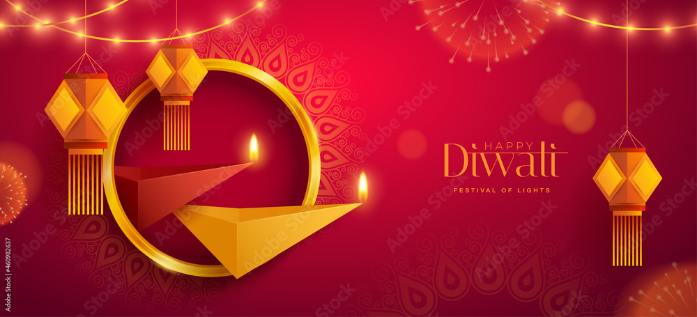 Happy Diwali. Polygonal Indian Diya oil lamp design with round border ...