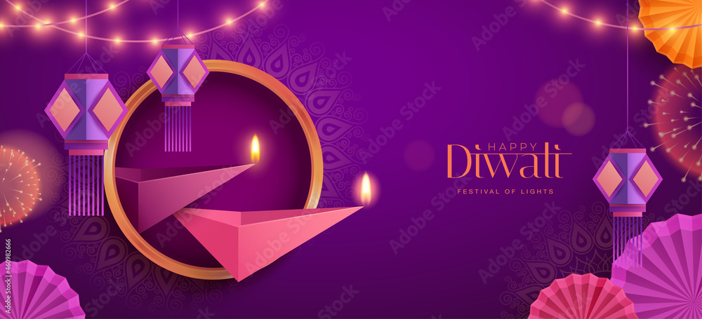 Happy Diwali. Polygonal Indian Diya oil lamp design with round border ...