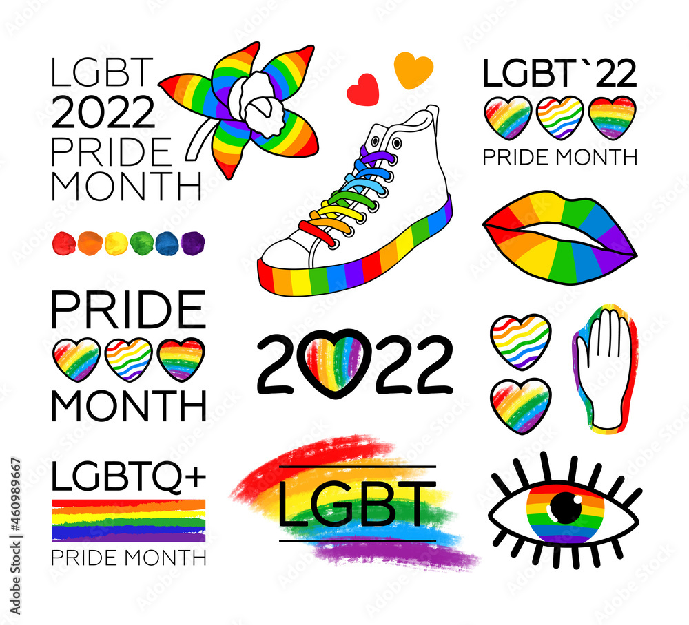 big Set of LGBT Pride Month 2022. LGBT flag brush stroke, logos ...