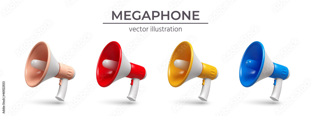 Set of four megaphones with shadow in different colors isolated on white. 3d realistic vector ...
