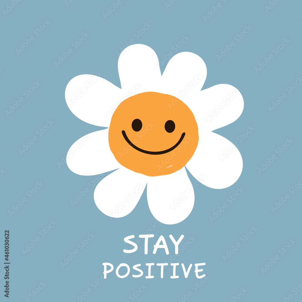 Smiling daisy flower and hand written font on blue background vector ...