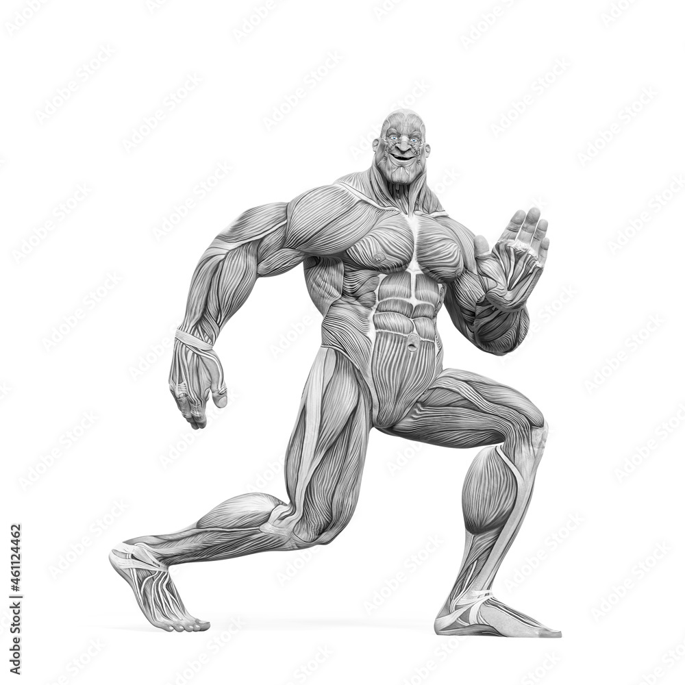 bodybuilder muscle maps is doing a free robot dance in white background ...