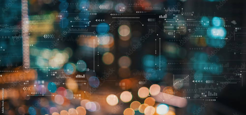Technology screen with blurred city abstract lights background Stock ...