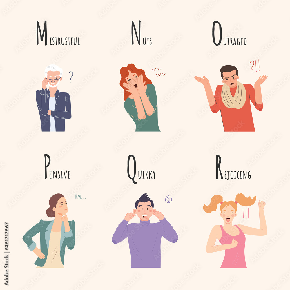 Stock-Vektorgrafik „Alphabet of Emotions. Set of characters who are ...