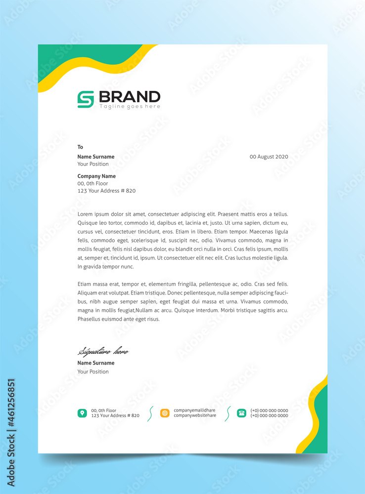 letterhead green layout template design with yellow orange color ...