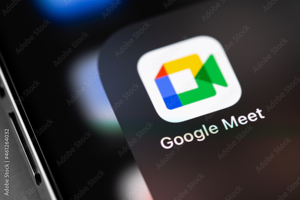 Google Meet icon mobile app on screen smartphone iPhone closeup. Google ...