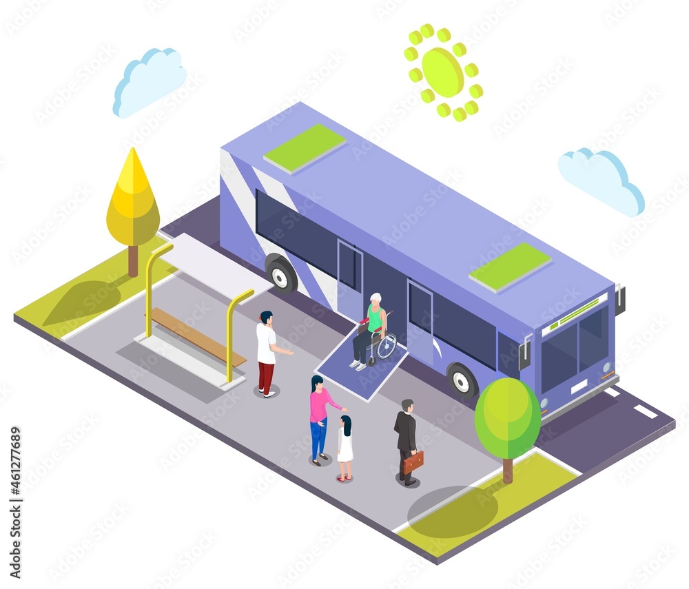 Isometric bus stop, disabled man in wheelchair leaving city bus using ...