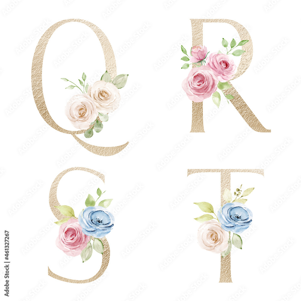 Floral alphabet, gold letters set with watercolor flowers and leaf ...