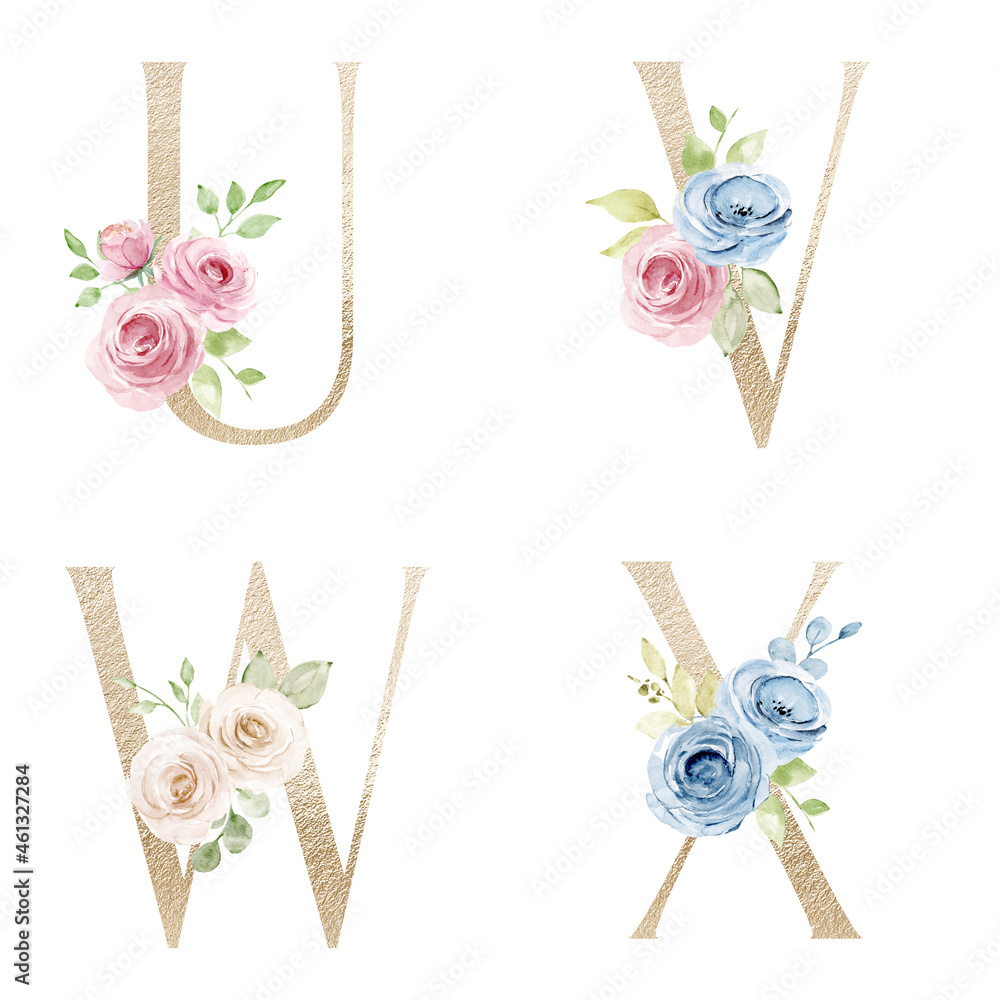 Floral alphabet, gold letters set with watercolor flowers and leaf ...
