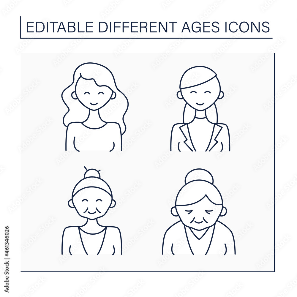 Different ages line icons set. Generations. Newborn, teenager ...