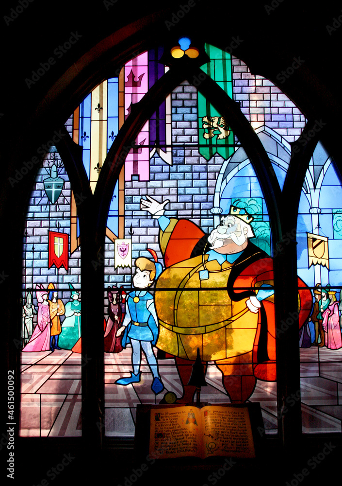 Stained glass window on the tale of Sleeping Beauty. Disney movie ...