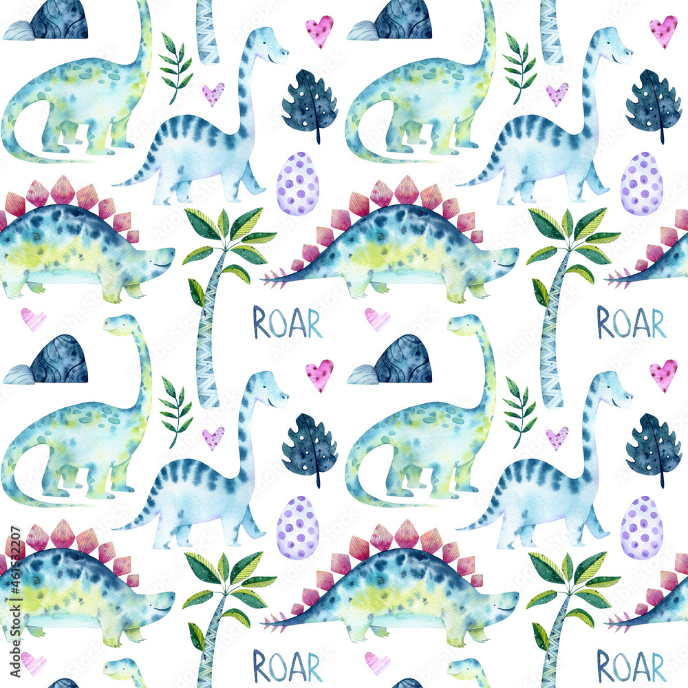 Watercolor dinosaur seamless pattern. Children dino background, plants, greenery. Hand-drawn ...