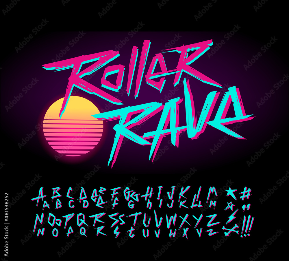 Retro Roller Rave handwritten 80s style type font and vector cyberpunk ...