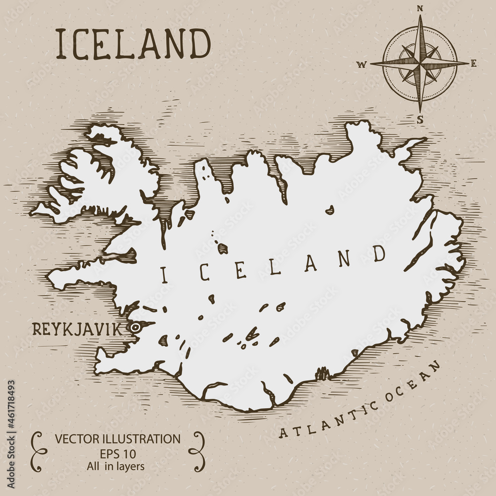 Vintage Map of Iceland. Hand drawn vector illustration. Stock Vector ...
