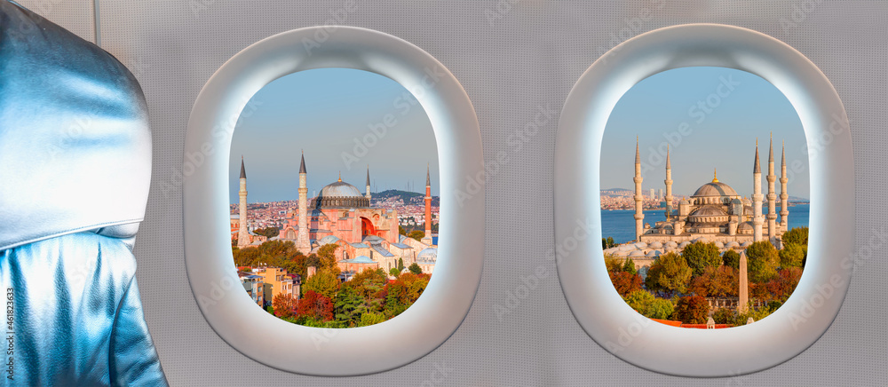Istanbul city as seen through window of an aircraft -The Blue mosqque ...