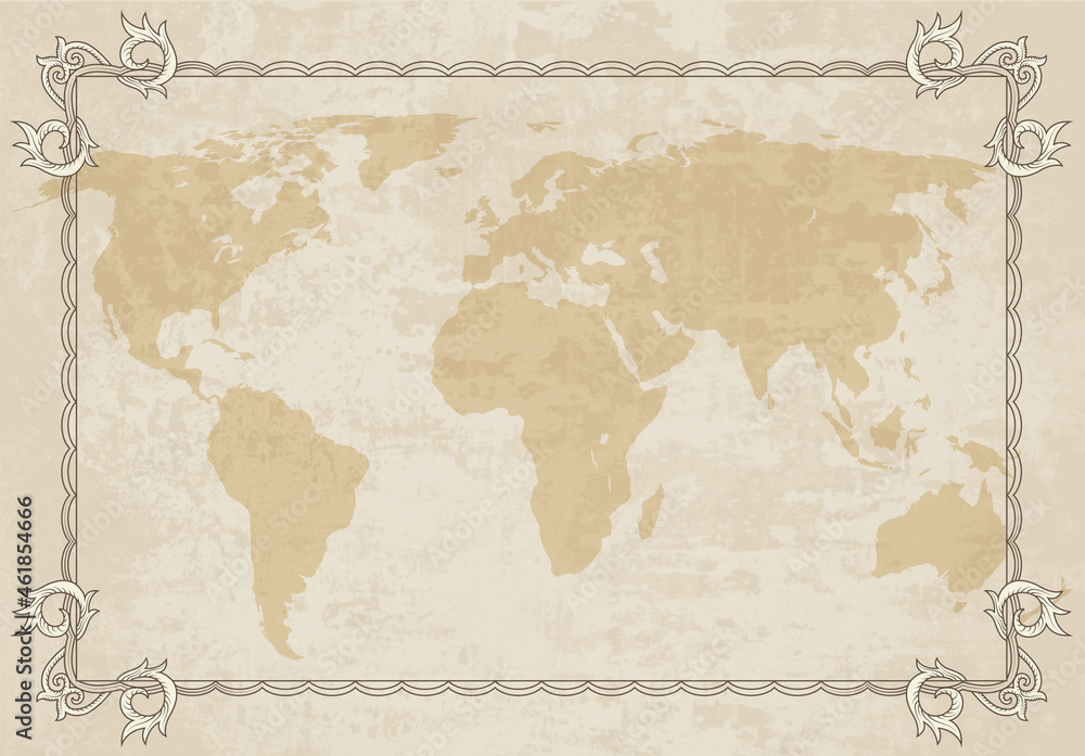 Old world map with frame. Retro design banner. Decorative antique ...