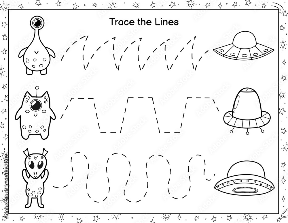 Trace lines from cute aliens to the flying saucers. Black and white ...