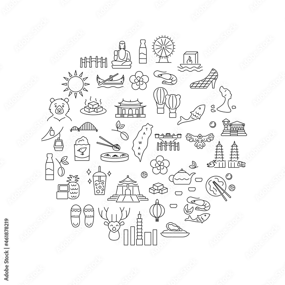 Culture of Taiwan circle layout with outline icons. Taiwanese items ...