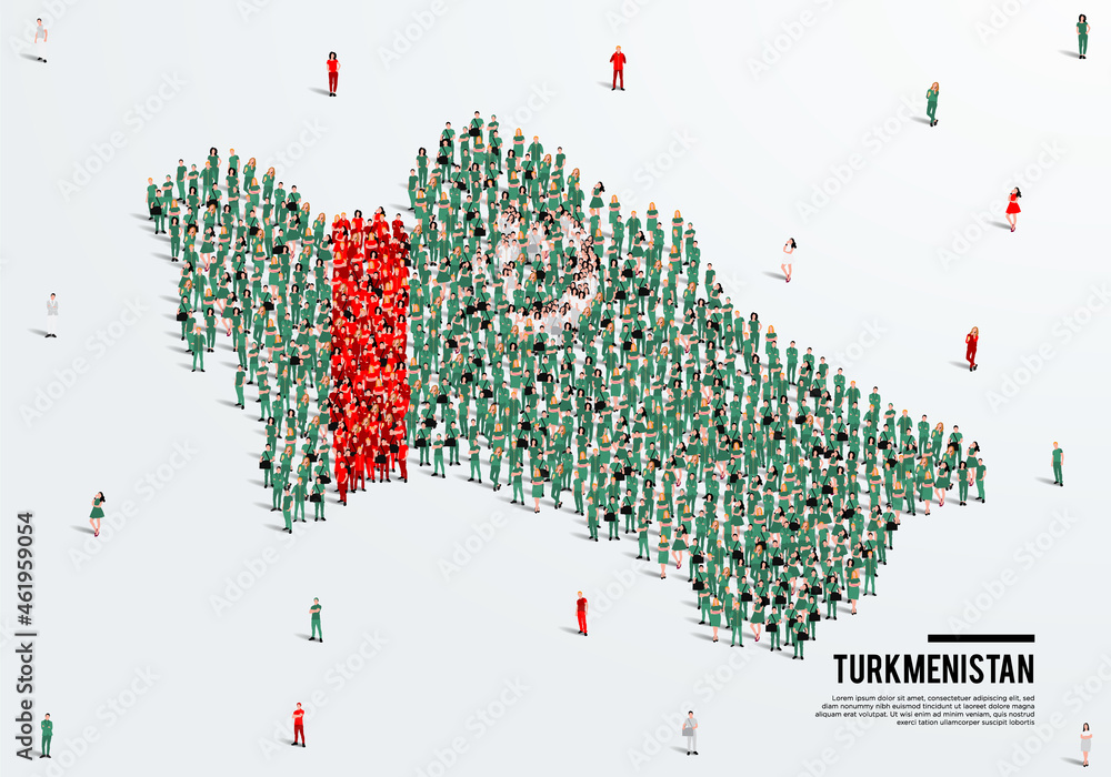Turkmenistan Map and Flag. A large group of people in the Turkmenistan ...