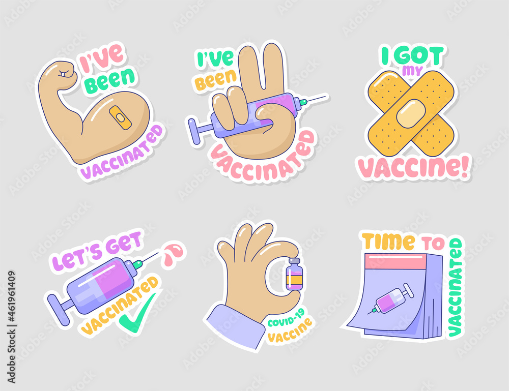 Covid-19 immunization campaign set of cartoon related icons. Time to ...