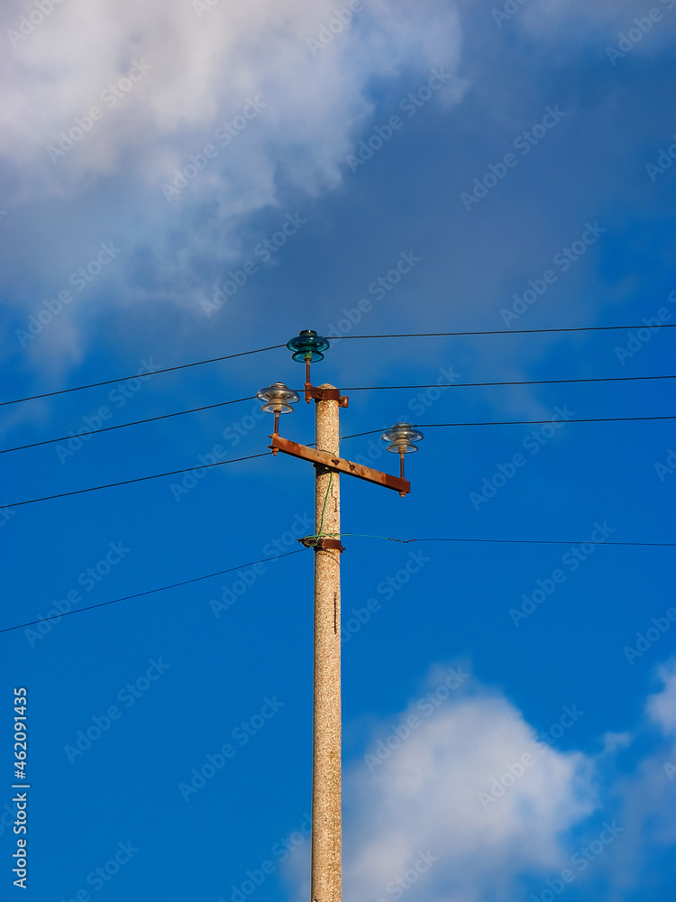 Electricity in the past. Very old pylon with wires and cables Stock ...