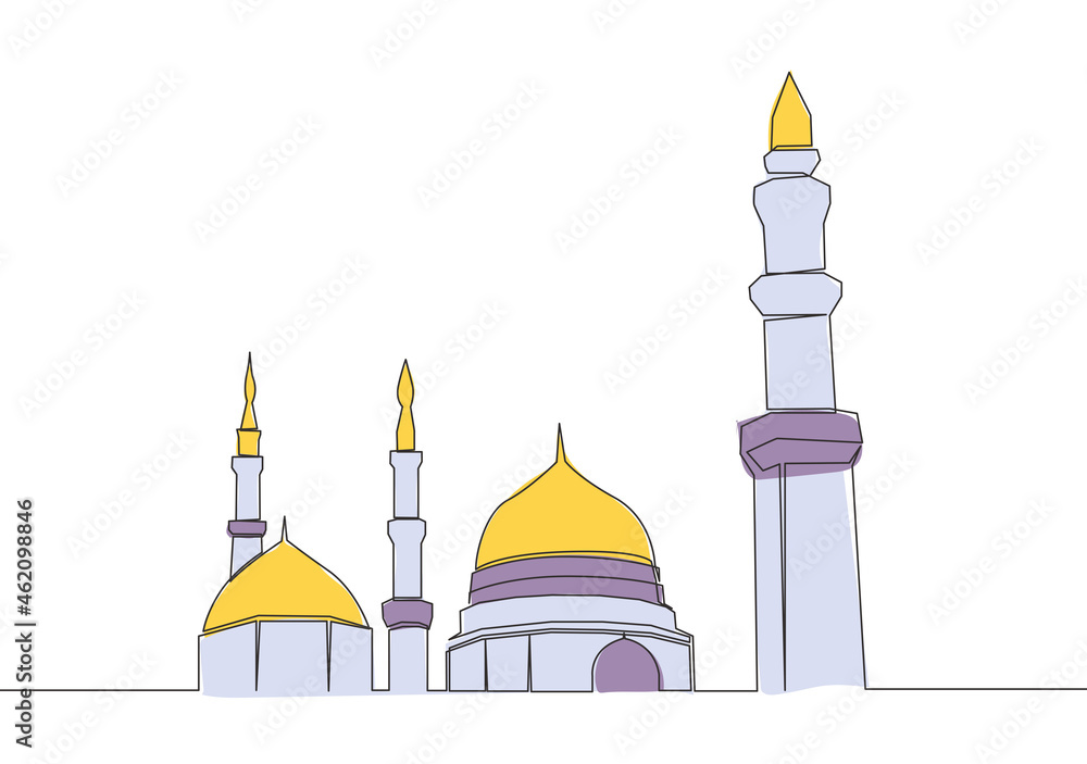 One continuous line drawing of historical landmark dome mosque or ...