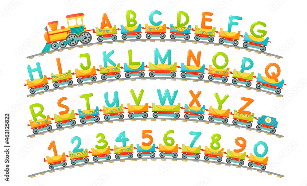 Train alphabet for kid in cartoon style. Capital letters only. Vector ...