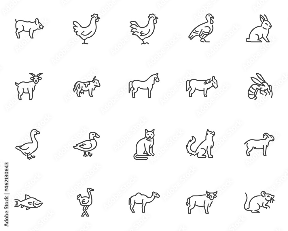 Farm animals line icons set Stock Vector | Adobe Stock
