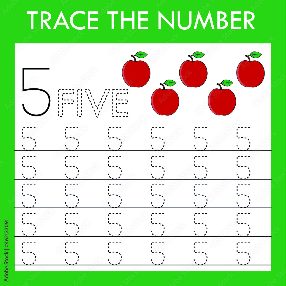 Number five stroke worksheet with fruits apples for fine motor skills ...