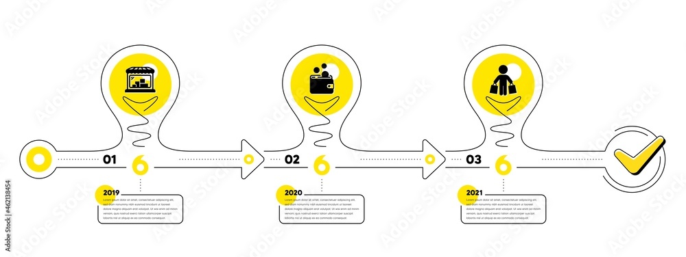 Trade Infographic timeline with 3 steps. Shopping process diagram with ...