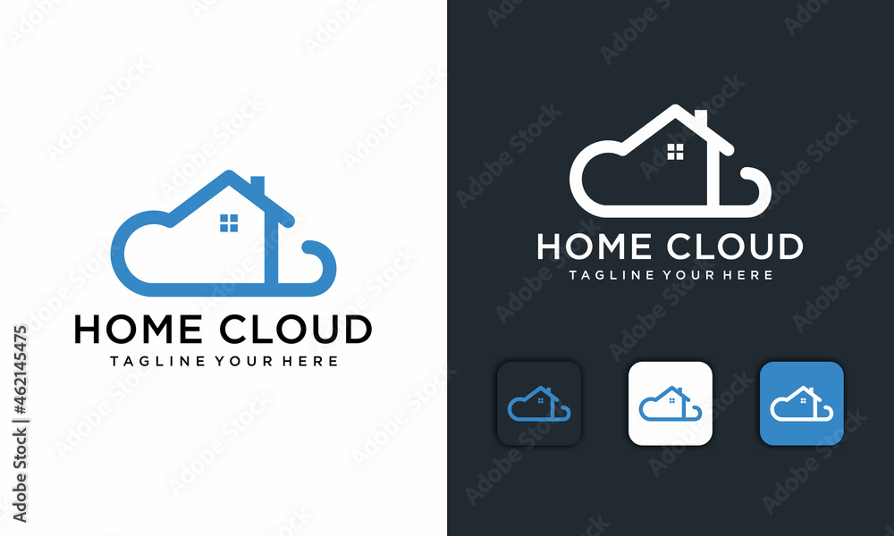 Cloud home logo vector line style and icon design vector template.on a navy blue and white ...