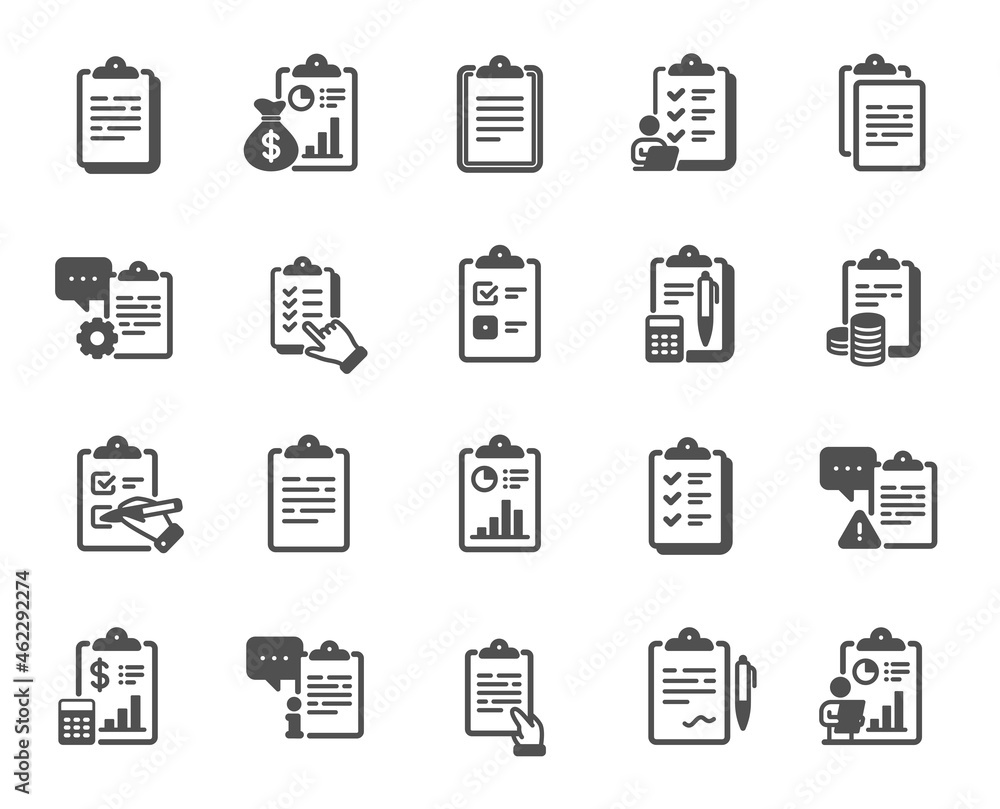 Checklist documents icons. Agreement info, Clipboard manager ...