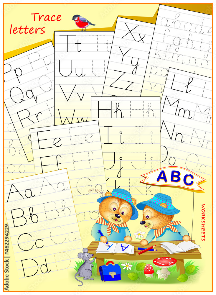 Cover for kids school workbook with exercises. Learn to trace alphabet ...