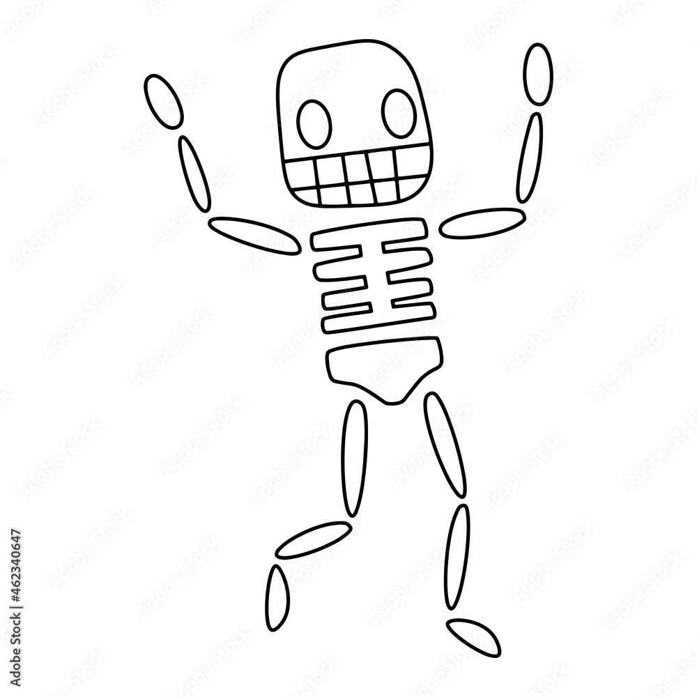 Cartoon hand-drawn skeleton coloring page vector illustration. Funny ...