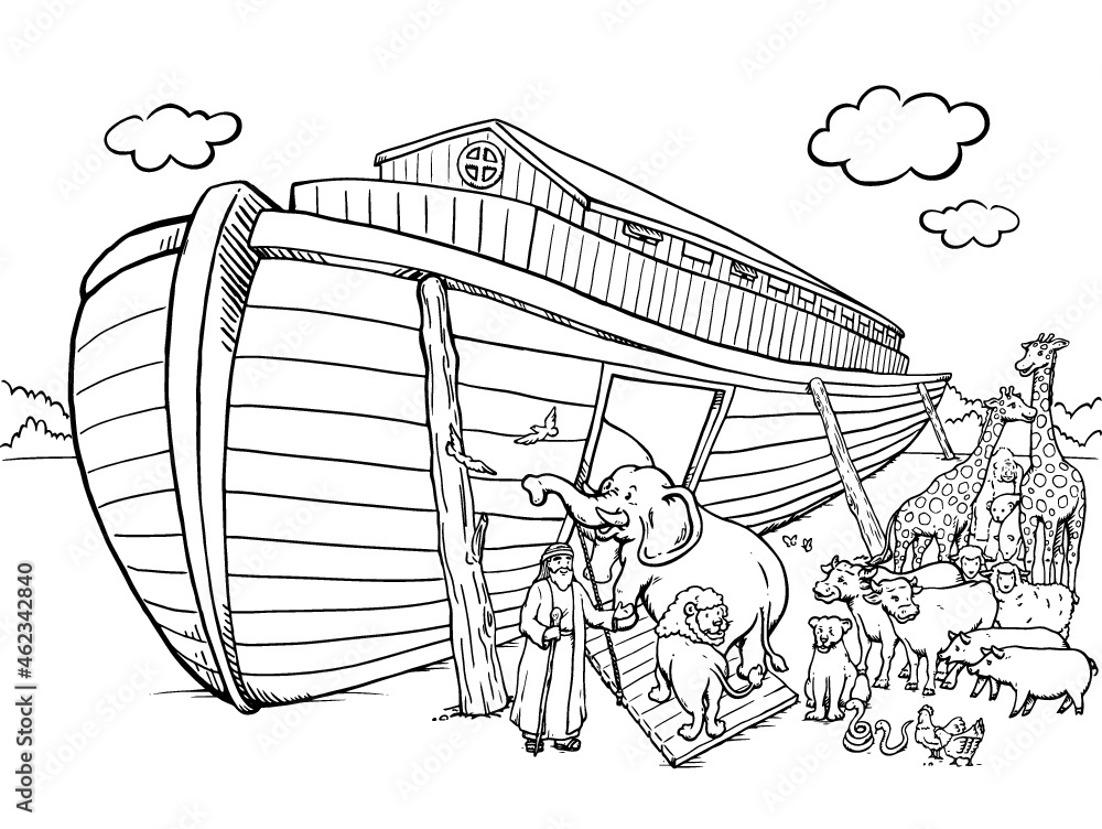 Outline drawings of Noah's ark with animals Stock Vector | Adobe Stock