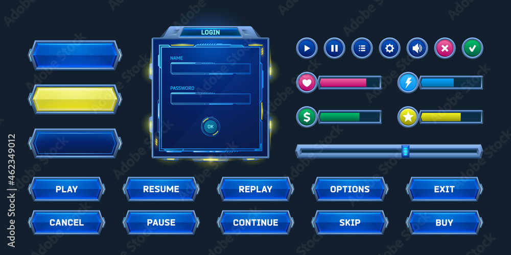 Game buttons and frames in sci fi style. Design elements, menu and ...