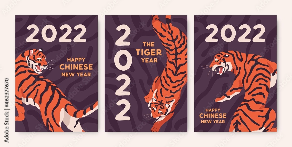 Postcards set for 2022 with Happy New Year text and oriental Chinese ...