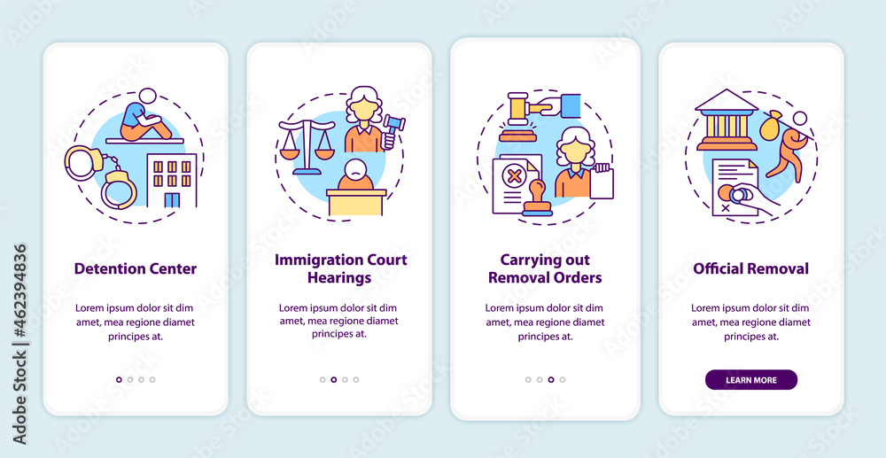 Deportation process onboarding mobile app page screen. Official removal ...