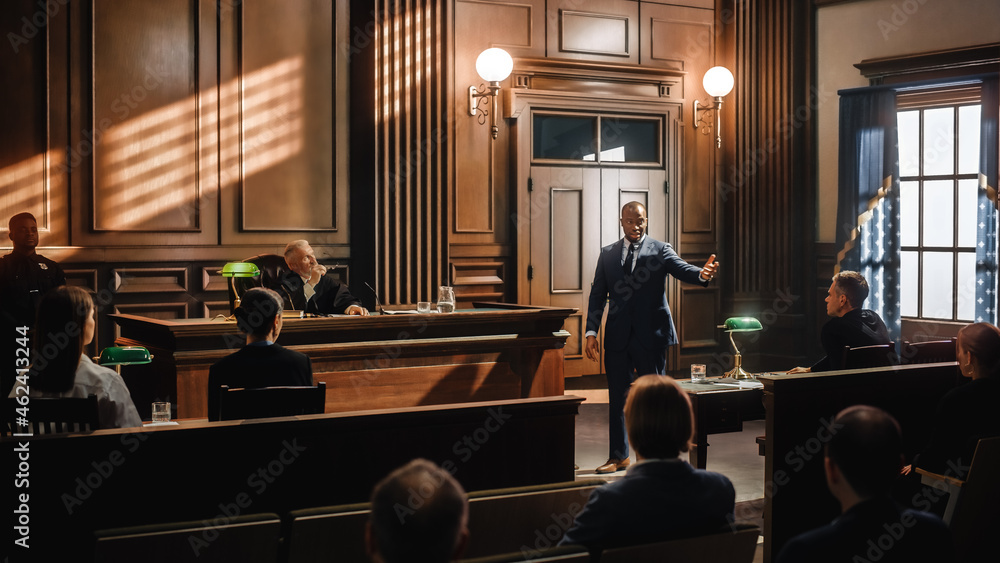 Court of Justice and Law Trial: Male Public Defender Presenting Case ...