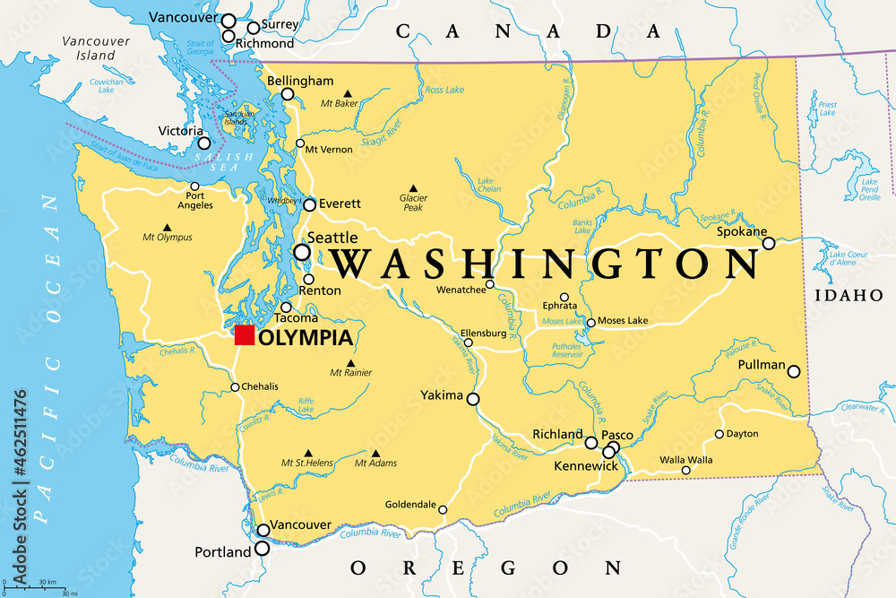 Washington, WA, political map with the capital Olympia. State in the ...