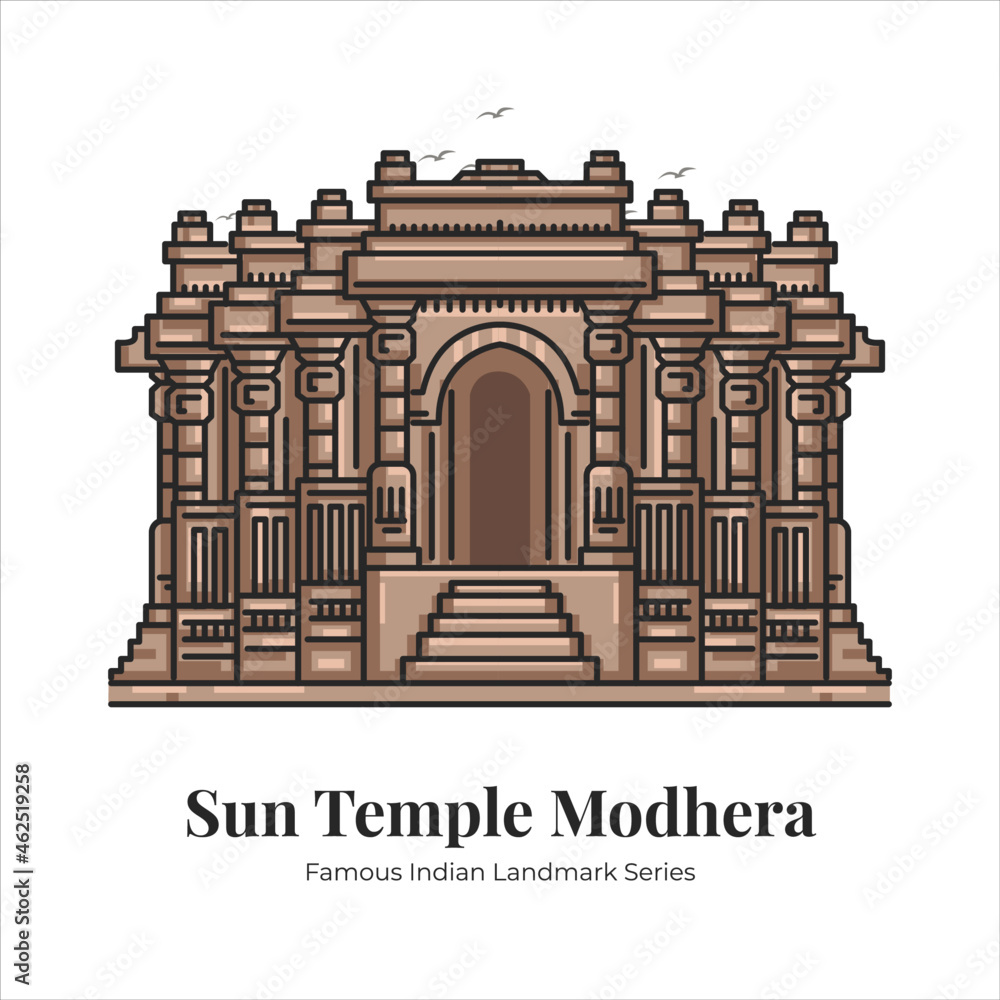 Sun Temple Modhera Indian Famous Iconic Landmark Cartoon Line Art ...