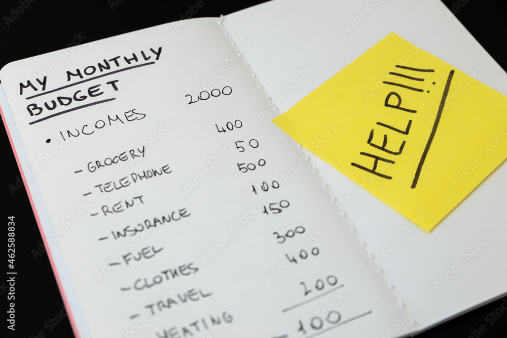 Blank notebook, with monthly budget and calculations, and card with ...