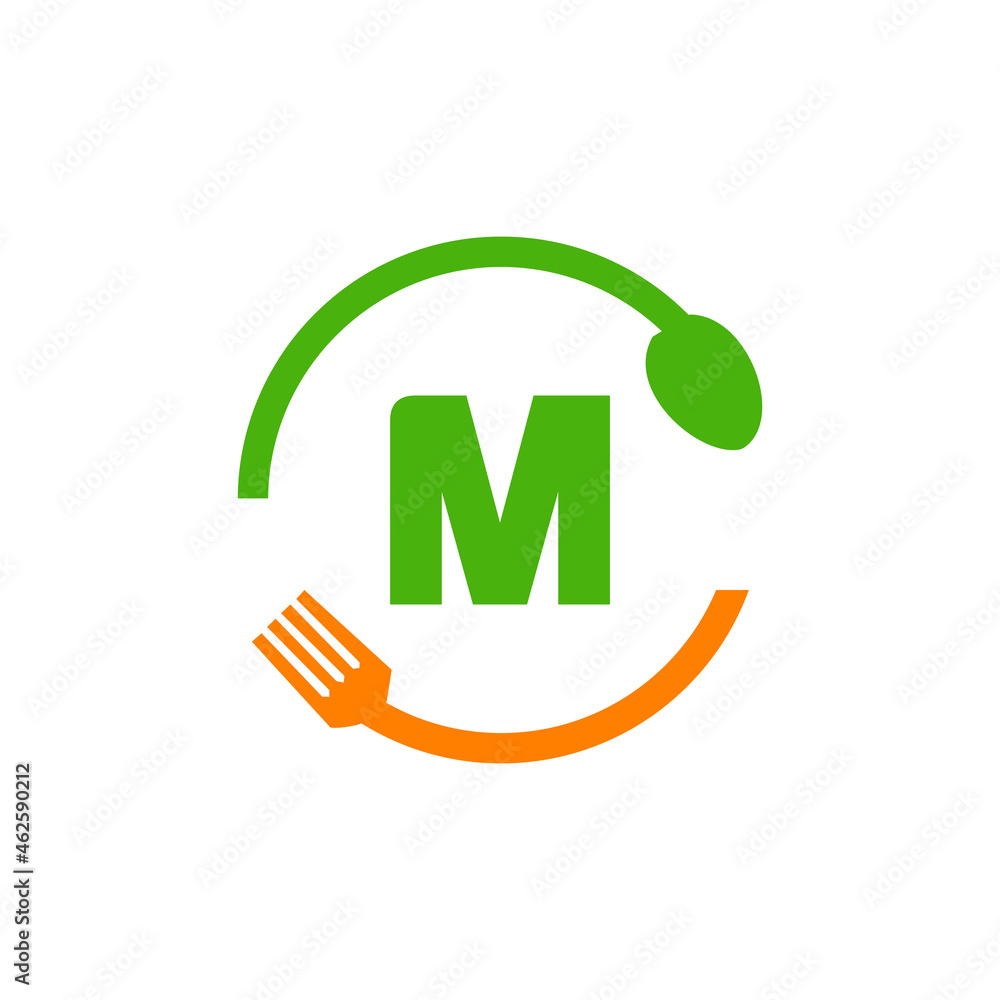 Restaurant Logo Design On Letter M With Spoon And Fork Concept Template ...