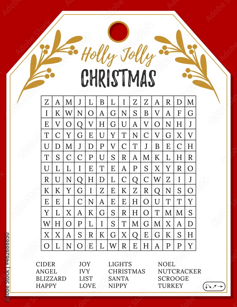 Holly Jolly Christmas word search puzzle. Fun printable activity winter ...
