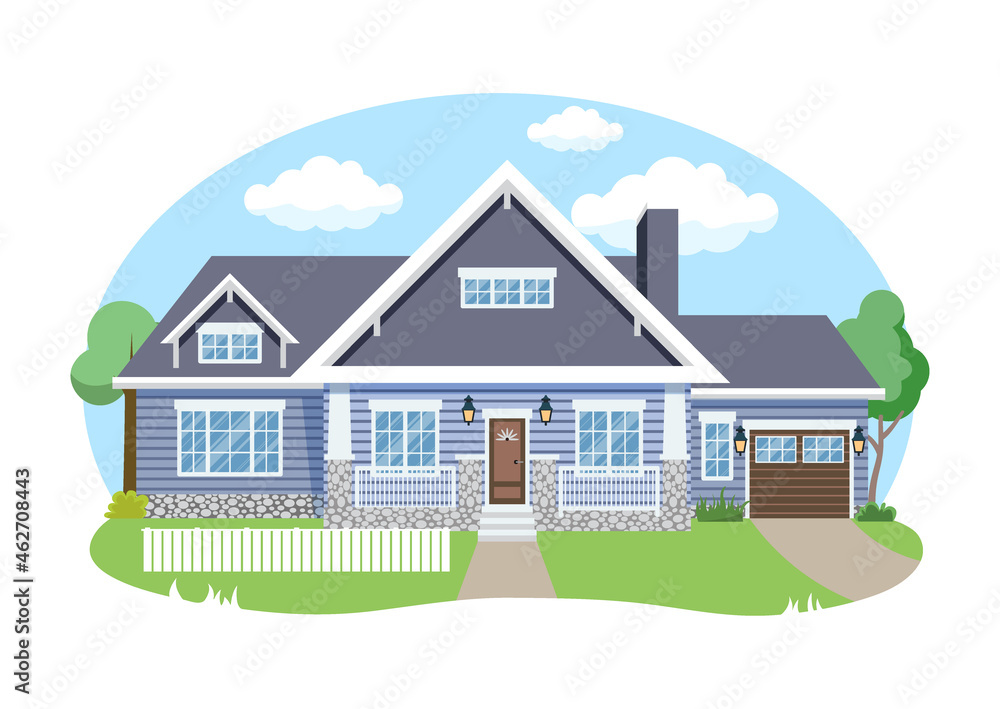 Cartoon house exterior with blue clouded sky Front Home Architecture ...