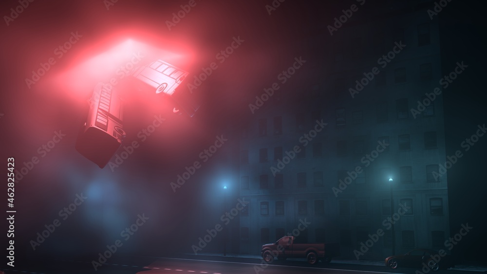 Buses floating in fog , mist. Alien abductions in city. Levitating ...