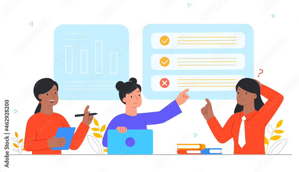 Students checking exam result. Young women check their test and work on ...