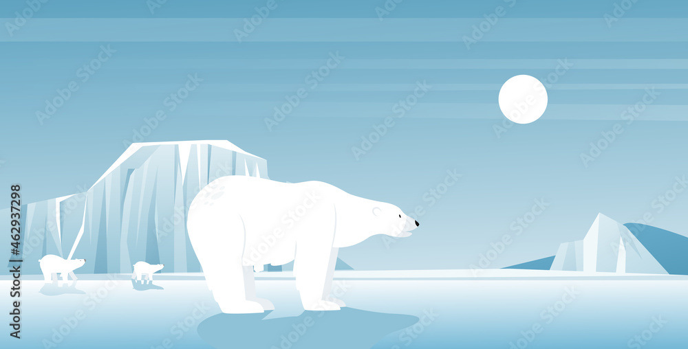 Polar bear in ice arctic or antarctic landscape, north winter scene ...