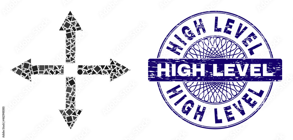 Geometric collage expand arrows, and High Level dirty stamp seal. Blue ...