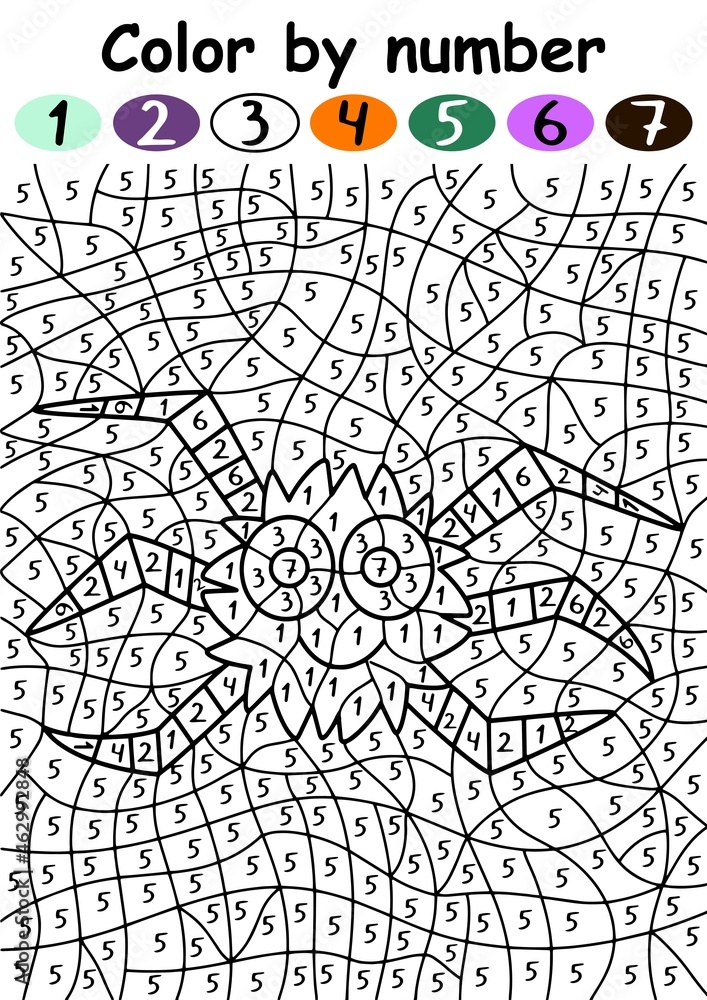 Cute spider color by number game for Halloween vector illustration ...